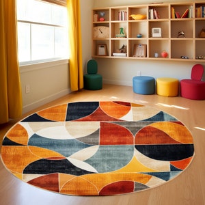 Printed Round Rug, Geometric Rug, Orange Circle Rug, Livingroom ...