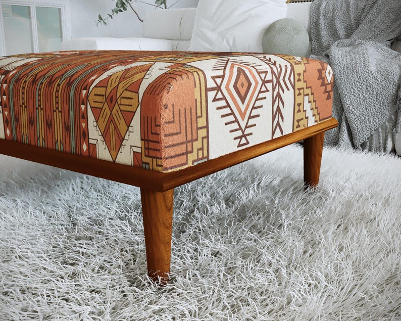 Rust Orange Southwestern Ottoman, Earth Tone Aztec Posterde Bench, H ...