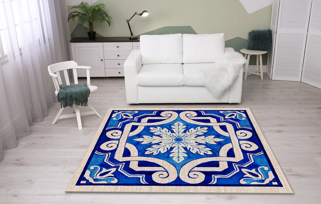 Contemporary Rug, Mixed Pattern Rug, Navy Blue Rug, Cotton Rug, Machine ...