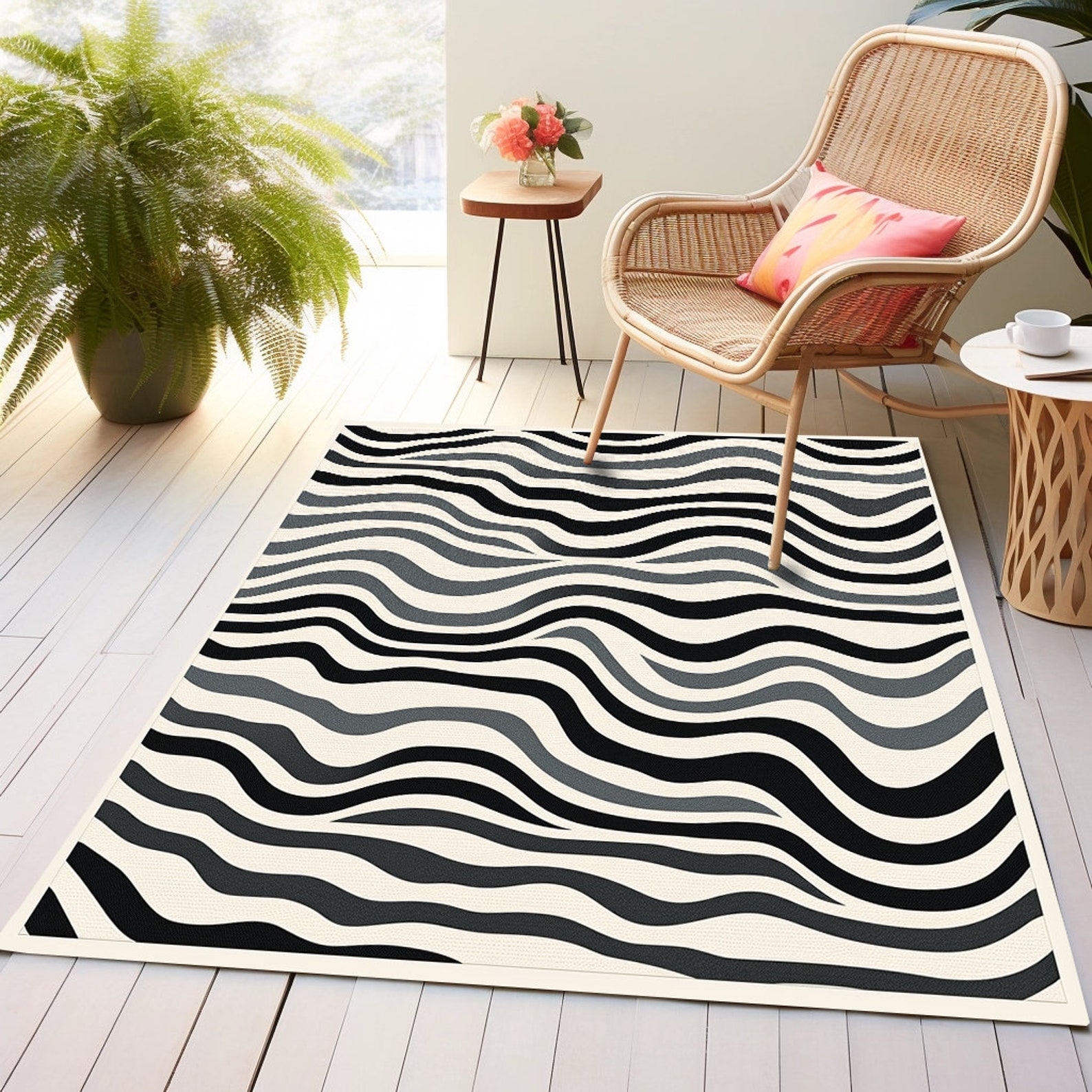 Garden Rug, Zebra Rug, Bordered Oversize Rug, Black Rug, Striped Accent ...