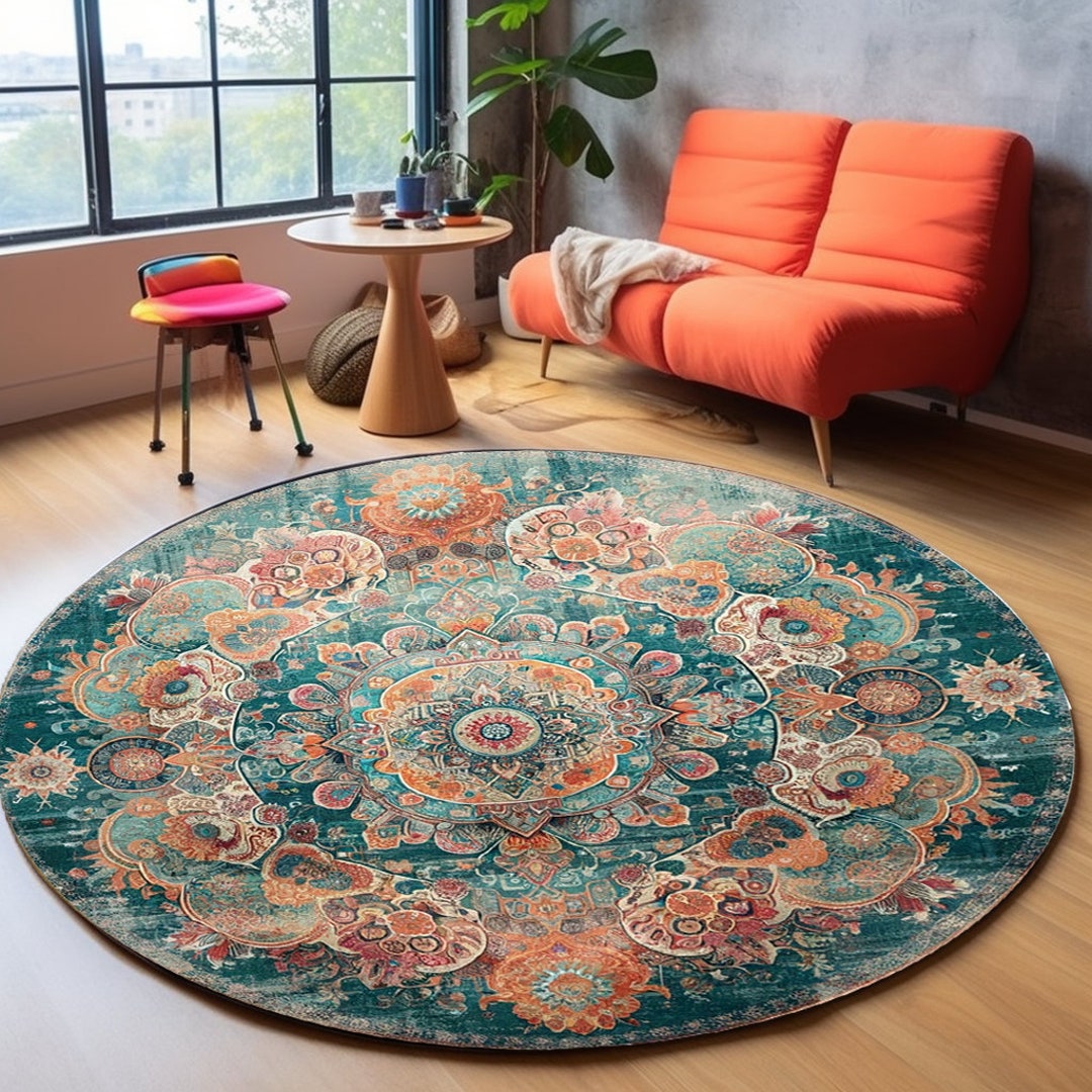 Turquoise Circle Rug, Floral Medallion Rug, Bordered Round Rug, Worn ...