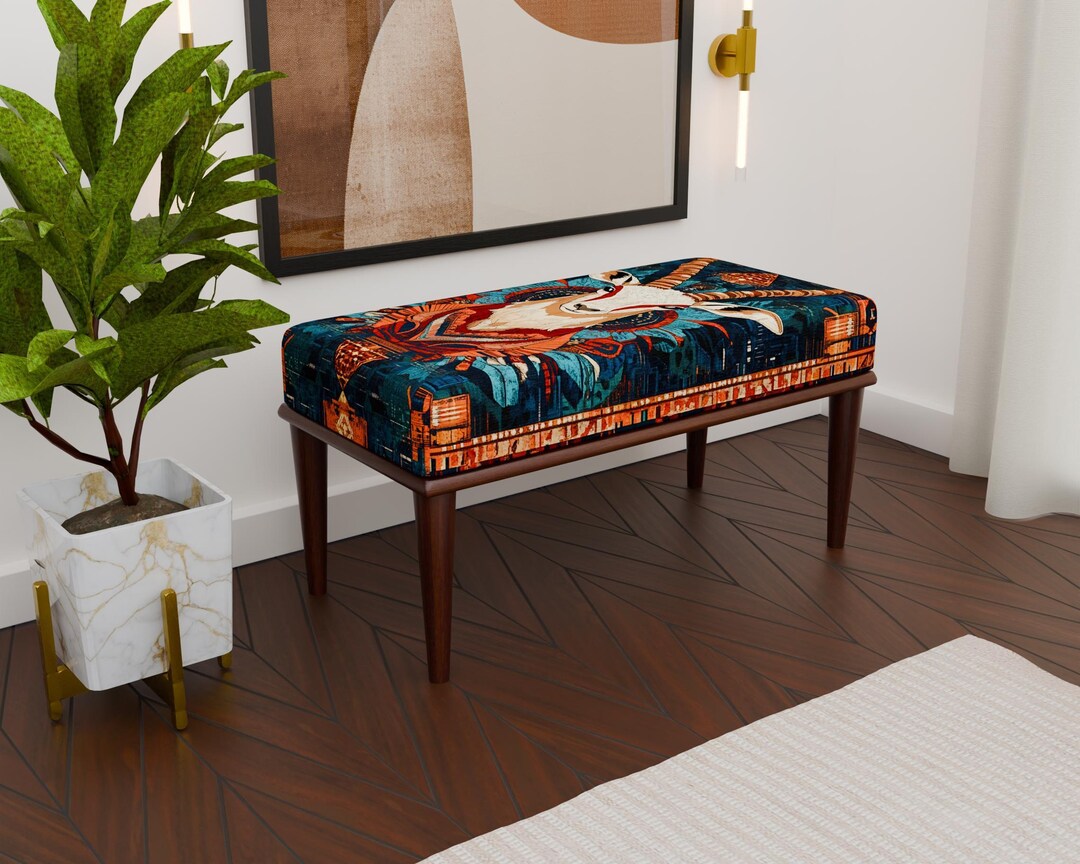 Boho Tribal Deer Bench, Ethnic Animal Print Upholstered Bench, Colorful ...