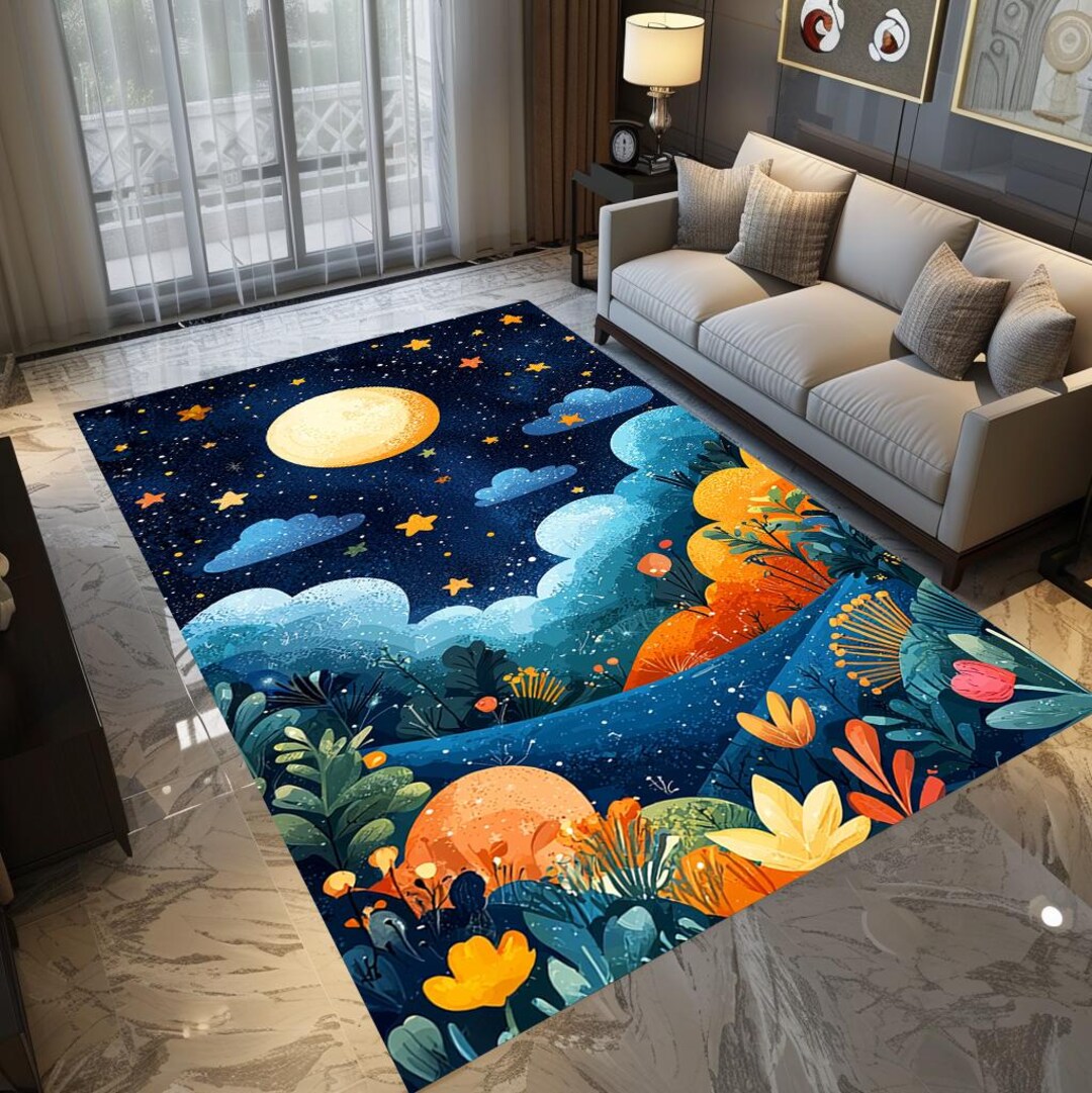 Rug With Stars, Full Moon Pattern Rug, Floral Design Rug, Cute Rug ...