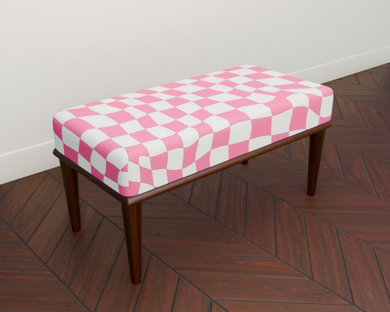 Checkerboard Design Upholstered Bench, Pink and White Bench, Styish ...
