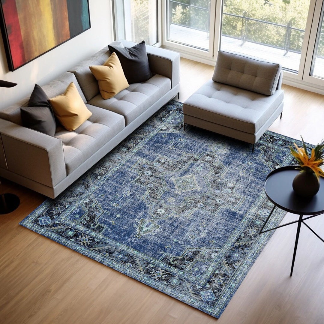 Blue Border Rug, Distressed Rug, Home Decor Rug, Bedroom Rug, Kitchen ...
