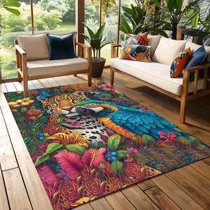 Parrot and Tiger Rug, Exotic Rug, Non-slip Rug, Tropical Rug, Vibrant ...