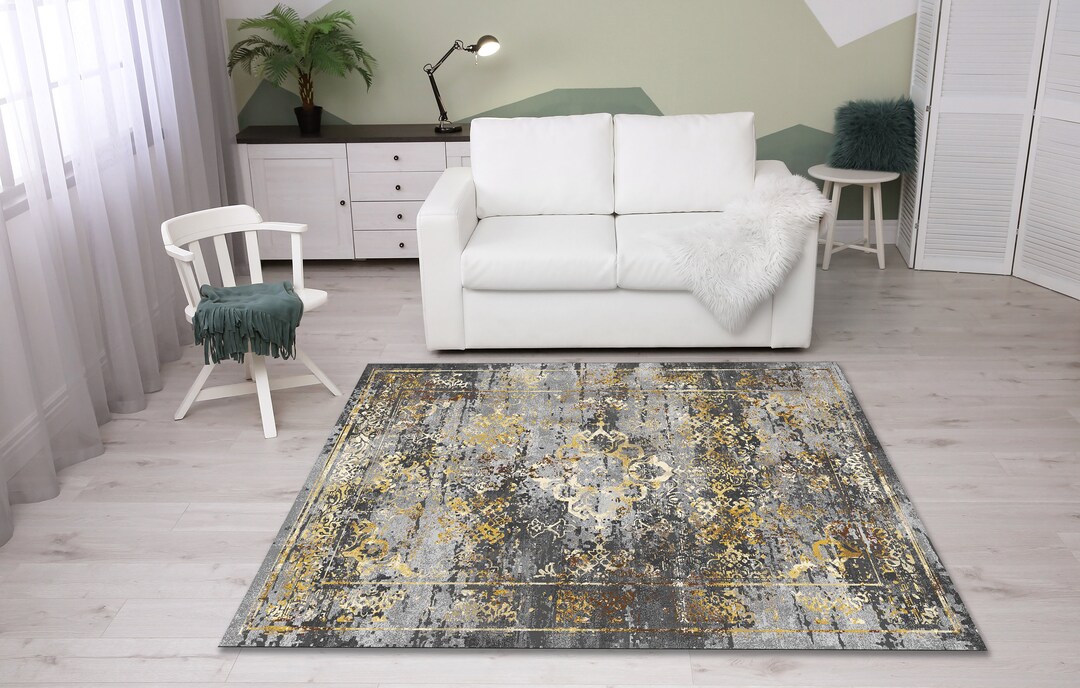 Rugs for Bedroom, Gray Gold Rug, Bohemian Rug, Frame Design Rug ...