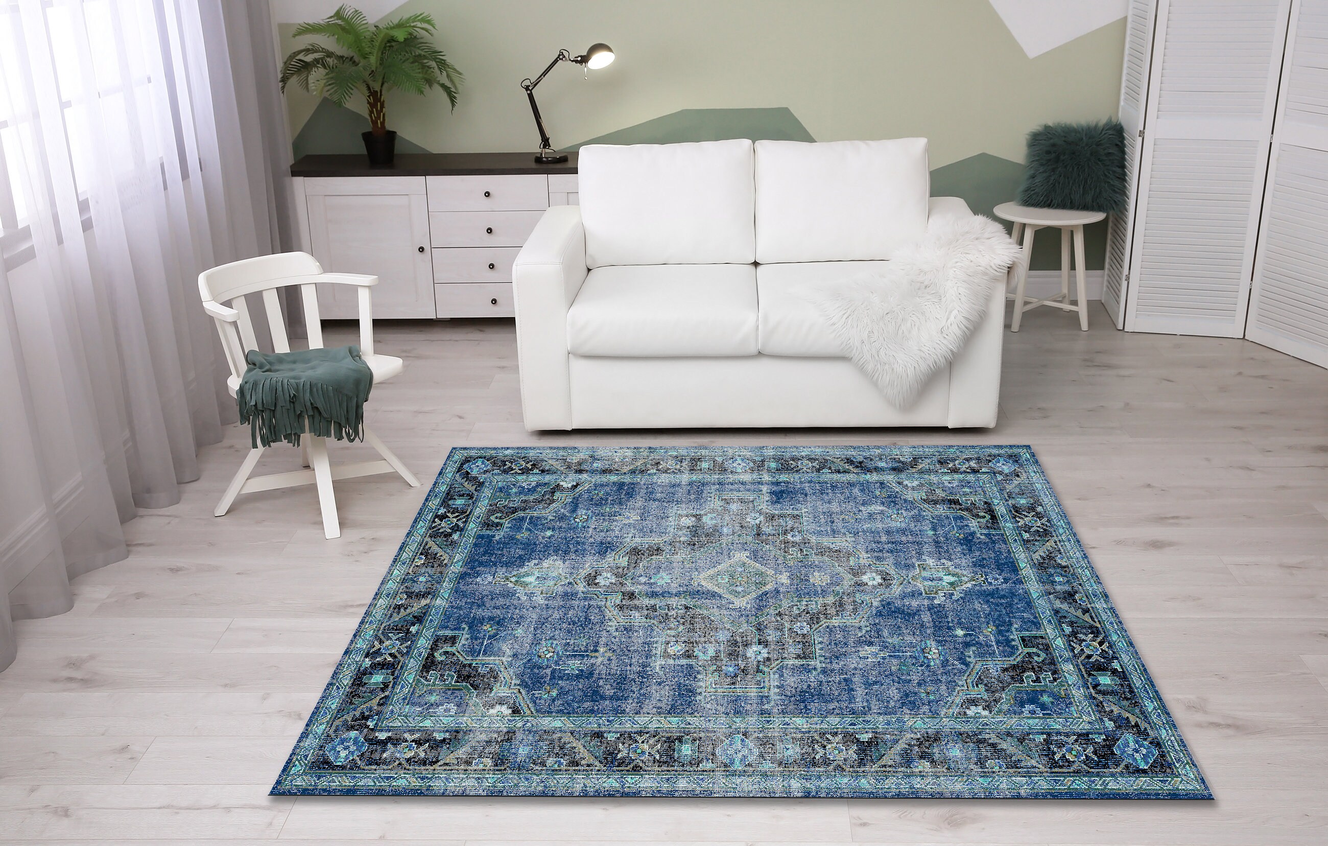 Blue Border Rug Distressed Rug Home Decor Rug Bedroom Rug - Etsy