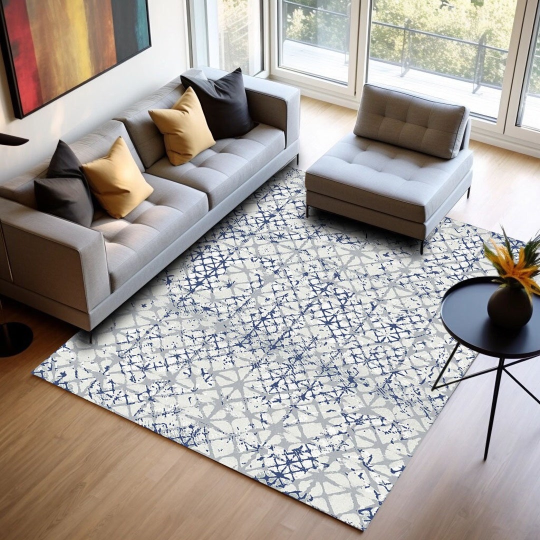 Mediterranean Rug, White Blue Rug, Dining Room Rug, Washable Rug, Area ...