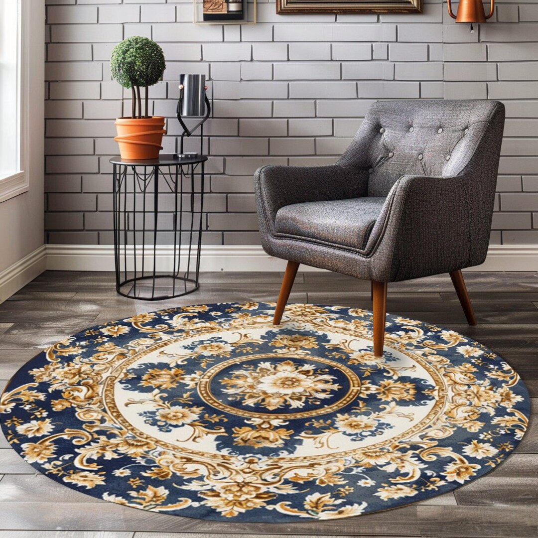 Modern Art Rug, Hagia Sophia Theme, Gold Round Rug, Navy Blue Boho Rug ...