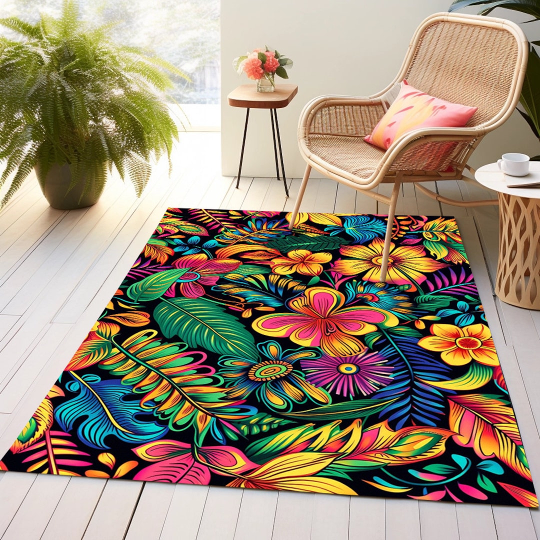Colorful Floral Printed Rug, Soft Area Rug, Elegant Colorful Flower ...