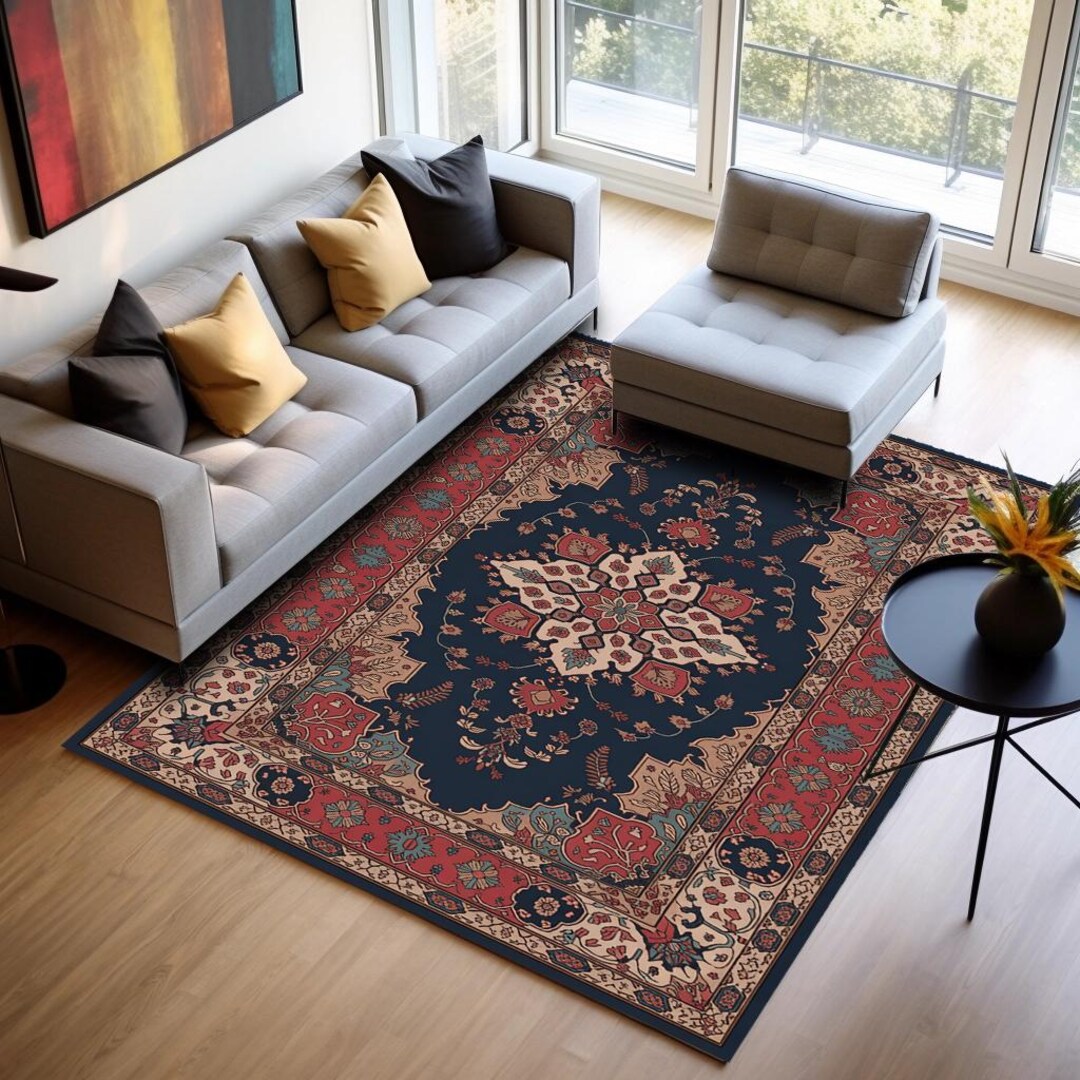 Navy Red Aztec Rug, Oriental Area Mat, Washable Non Slip Living Room ...