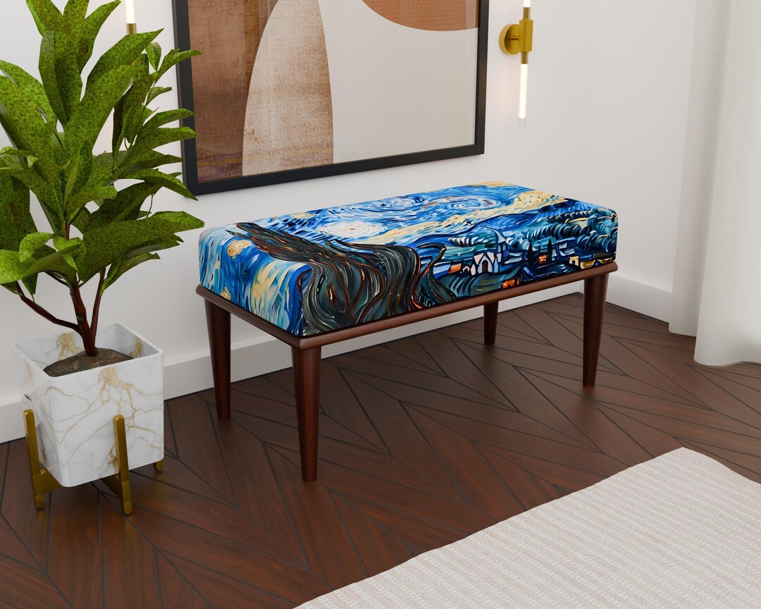 Starry Night Inspired Upholstered Bench, Handmade Artistic Design ...
