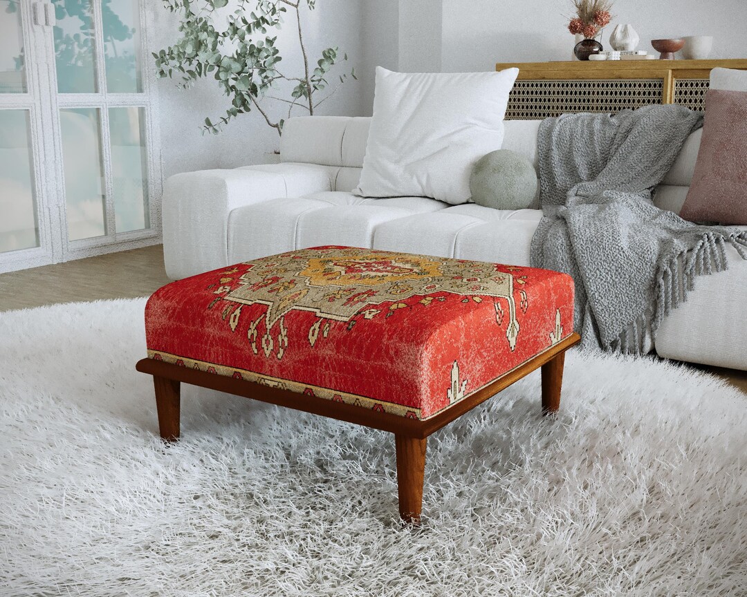 Traditional Red Medallion Ottoman, Vintage Oushak Rug Pattern Picnic ...