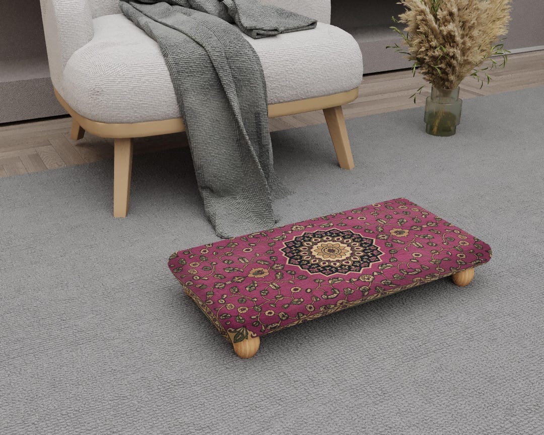 Burgundy Medallion Kilim Low Stool With Wooden Legs, Elegant Floral ...