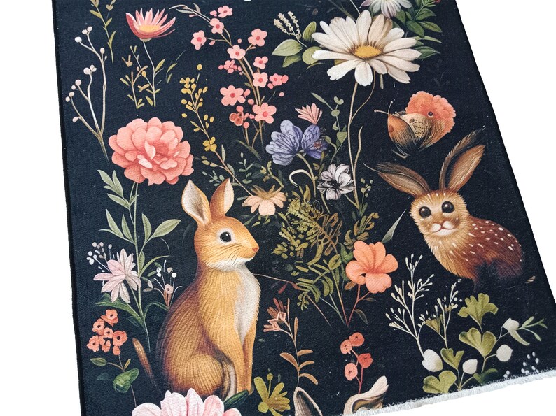 Nature Inspired Rabbit Rug, Patterned Rug, Bunny and Bloom Rug, Non ...