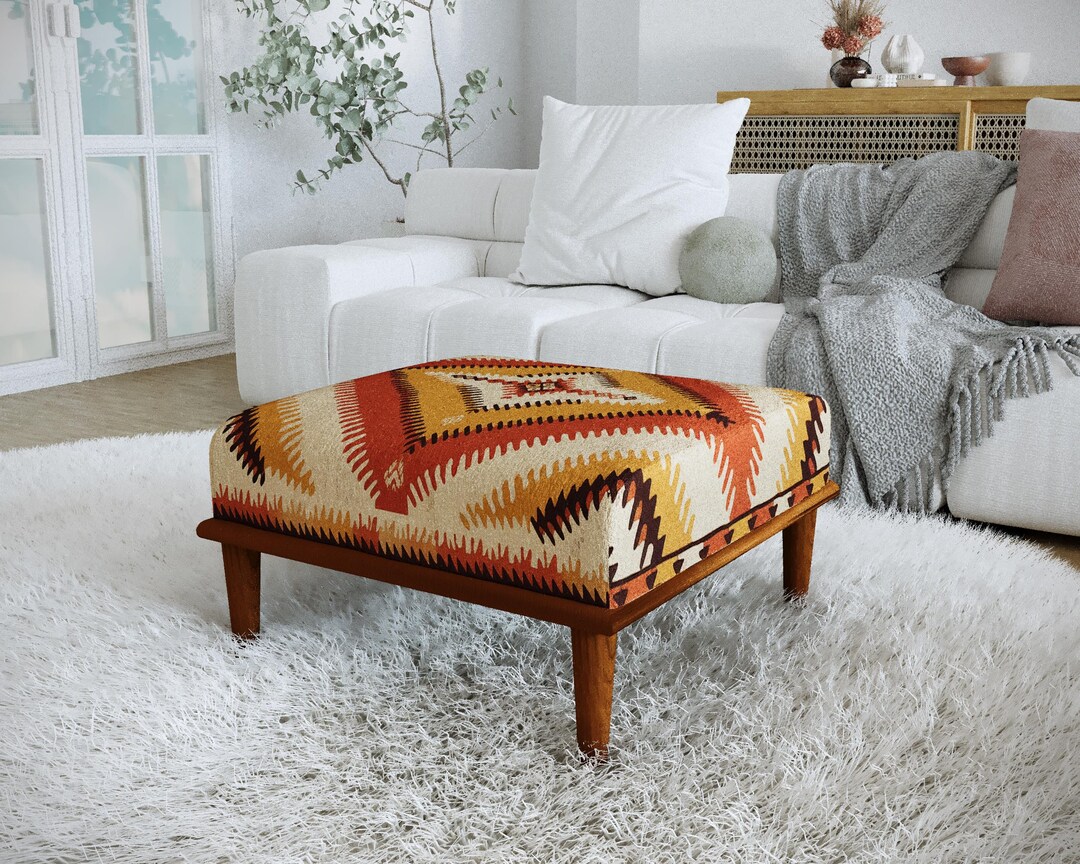 Southwestern Rust Orange Bench, Aztec Handmade Earth Tone Ottoman, H ...