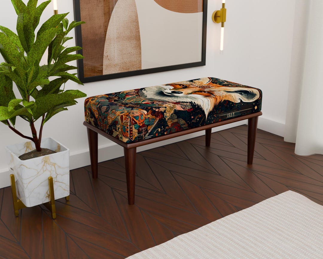 Fox Portrait Bench, Bohemian Animal Print Upholstered Ottoman Bench ...