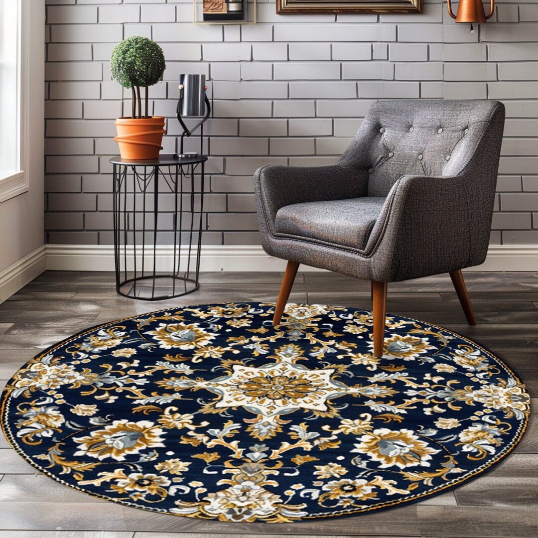 Oriental Round Rug, Hagia Sophia Pattern, Navy Blue Rug, Library Circle ...