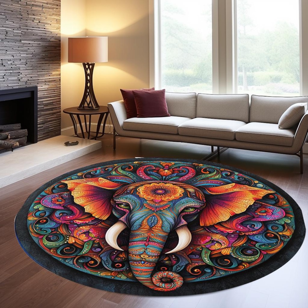 Elephant Print Rug, Artistic Rug, Round Shaped Rug, Amazing Motif Rug ...
