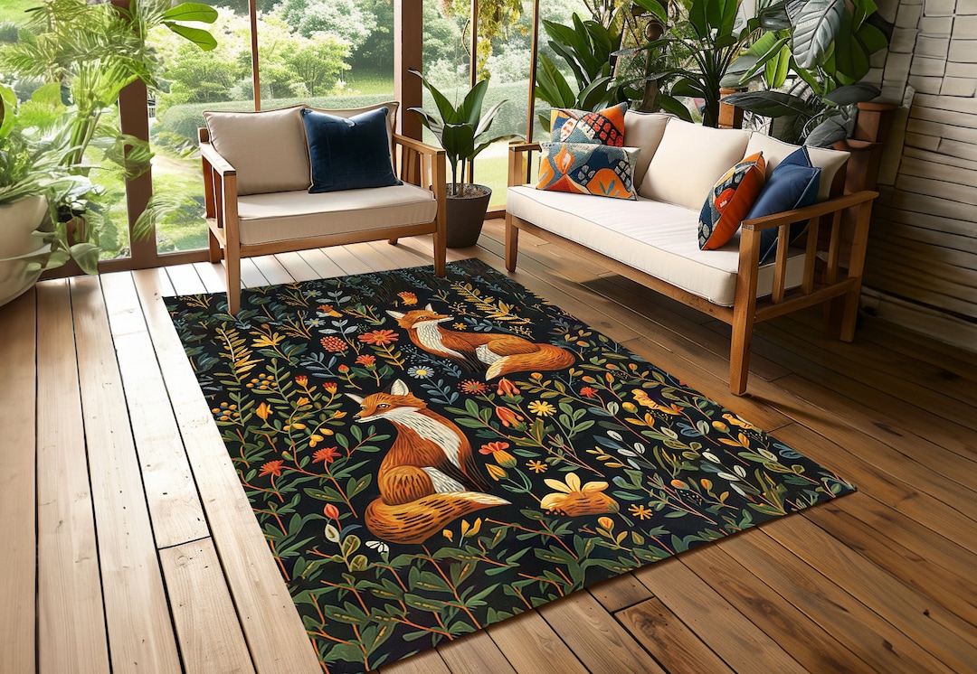 Floral Animal Rug, Orange Fox Rug, Washable Patio Rug, Gift for Office ...