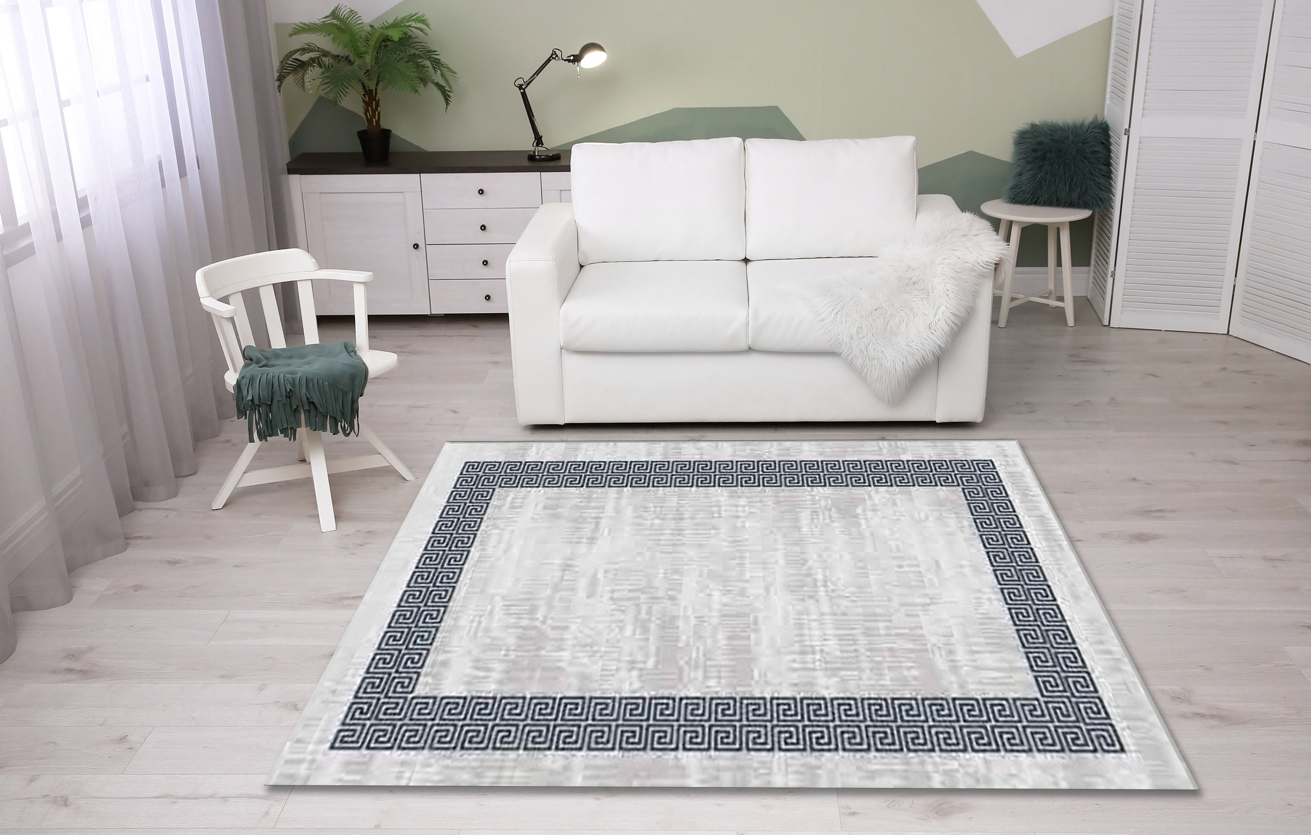 Gray Rug, Rug for Living Room, Greek Key Rug, Bordered Rug, Throw Rug ...