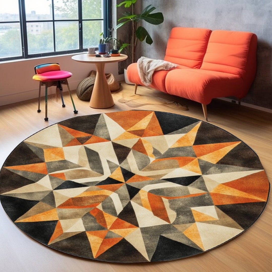 Star Figured Rug, Orange Circle Rug, Terrace Round Rug, Housewarming ...