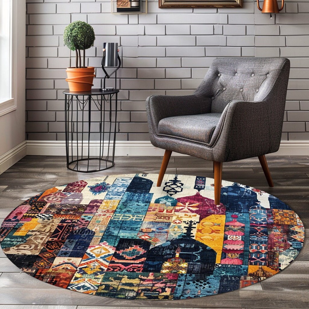Rustic Round Rug, Grand Bazaar Motif Rug, Figured Rug, Artwork Circle ...