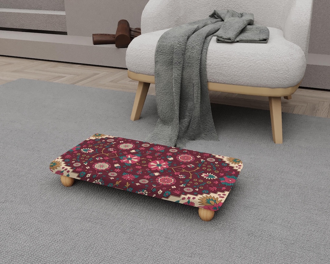 Burgundy Floral Kilim Low Step Stool, 12cm Height Wooden Footrest With ...