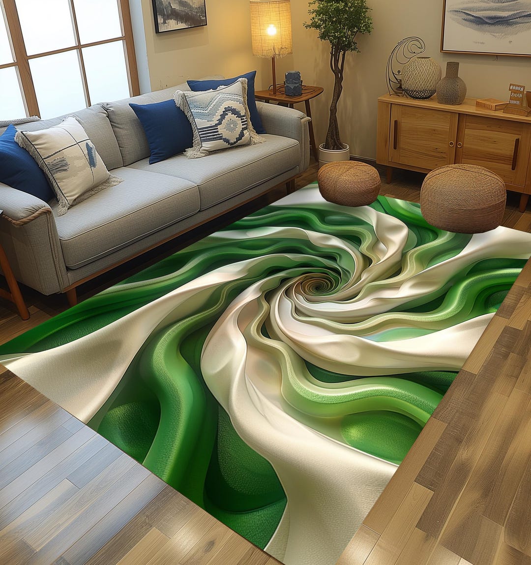 Vortex Print Rug, Cute Green Color Rug, Washable Runner Rug, Non Slip ...