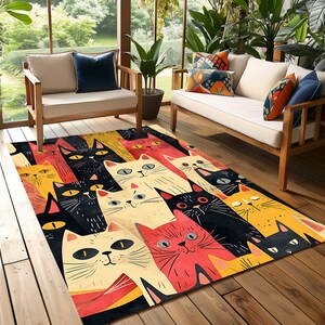 Fun Cat Print Rug, Cheerful Cat Print, Playful Cat Design, Non-slip Rug ...