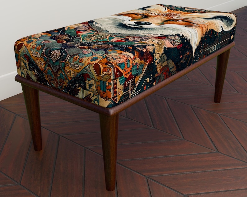 Fox Portrait Bench, Bohemian Animal Print Upholstered Ottoman Bench ...