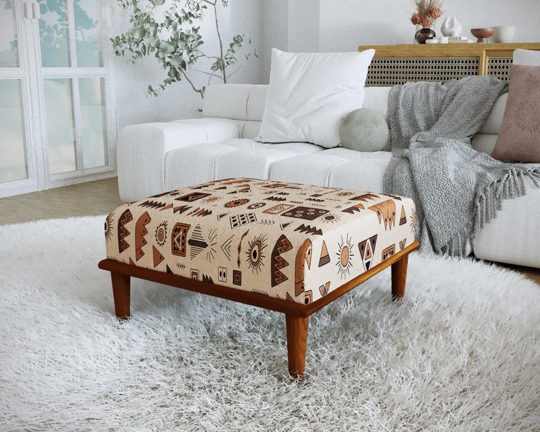 Beige Tribal Indoor Seating Bench, Geometric Native Art Entryway Bench ...