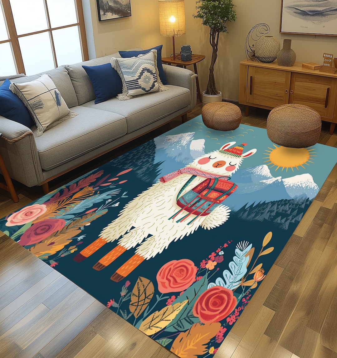 Llama Rug, Cute Animal Pattern Rug, View Pattern Rug, Minimalist Rug ...