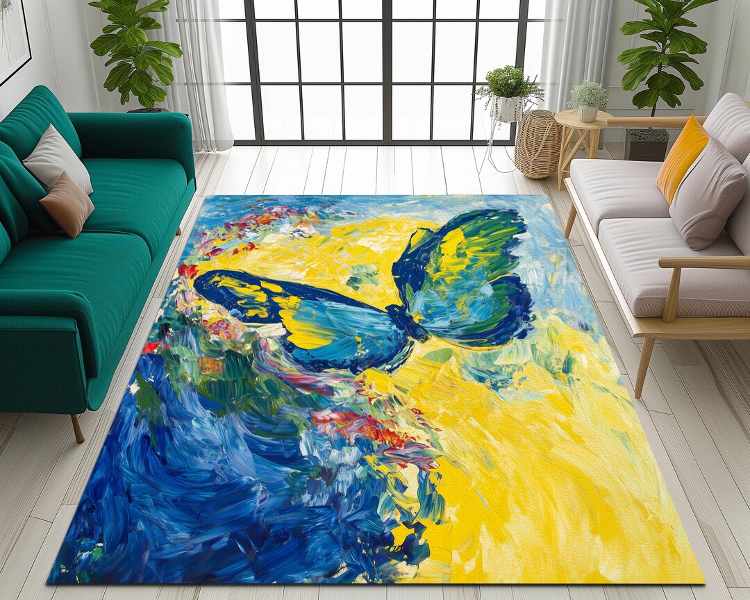 Butterfly Printed Rug, Modern Artwork Rug, Yellow and Blue Color Rug ...