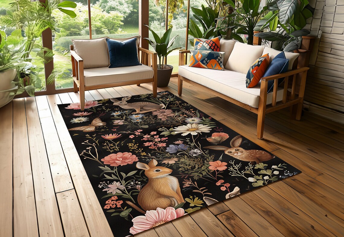 Nature Inspired Rabbit Rug, Patterned Rug, Bunny and Bloom Rug, Non ...