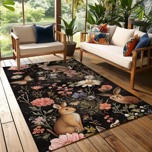 Nature Inspired Rabbit Rug, Patterned Rug, Bunny and Bloom Rug, Non ...