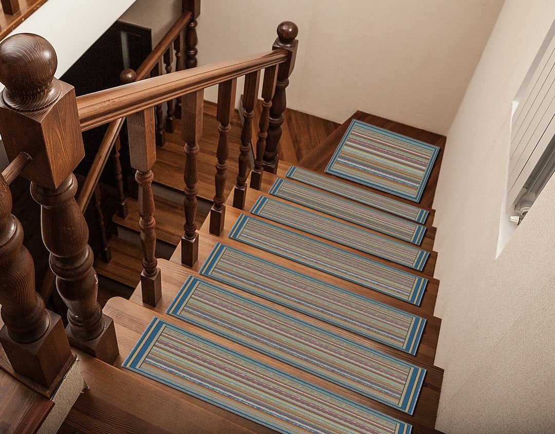 Striped Stair Rug, Blue Step Rug, Farmhouse Stair Rug, Wooden Floor Rug ...