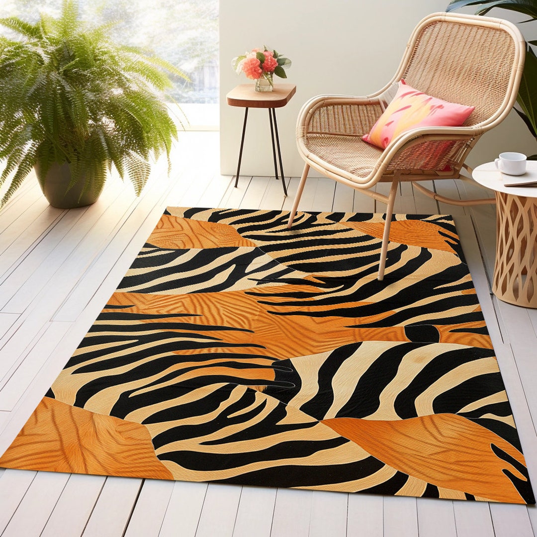 Orange Zebra Printed Rug, Washable Rug, Eco-friendly Rug, Livingroom ...
