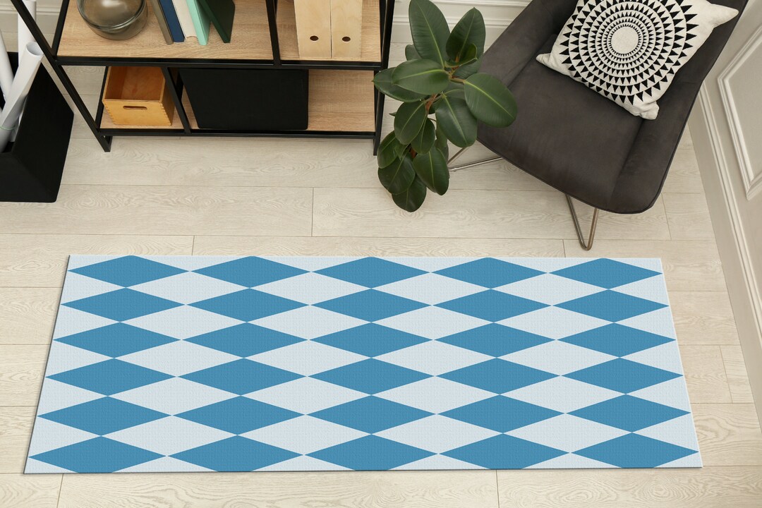 Multi Color Rug, Checkered Blue Rug, Retro Rug, Accent Rug, Circle Bath ...