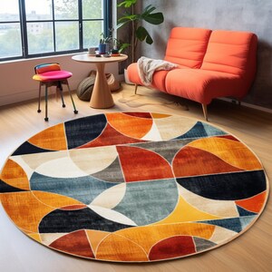 Printed Round Rug, Geometric Rug, Orange Circle Rug, Livingroom ...