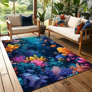 Marine Life Scene Rug, Ocean Wildlife Print, Sea Animals Rug, Versatile ...