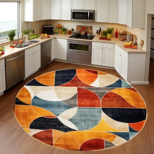Printed Round Rug, Geometric Rug, Orange Circle Rug, Livingroom ...