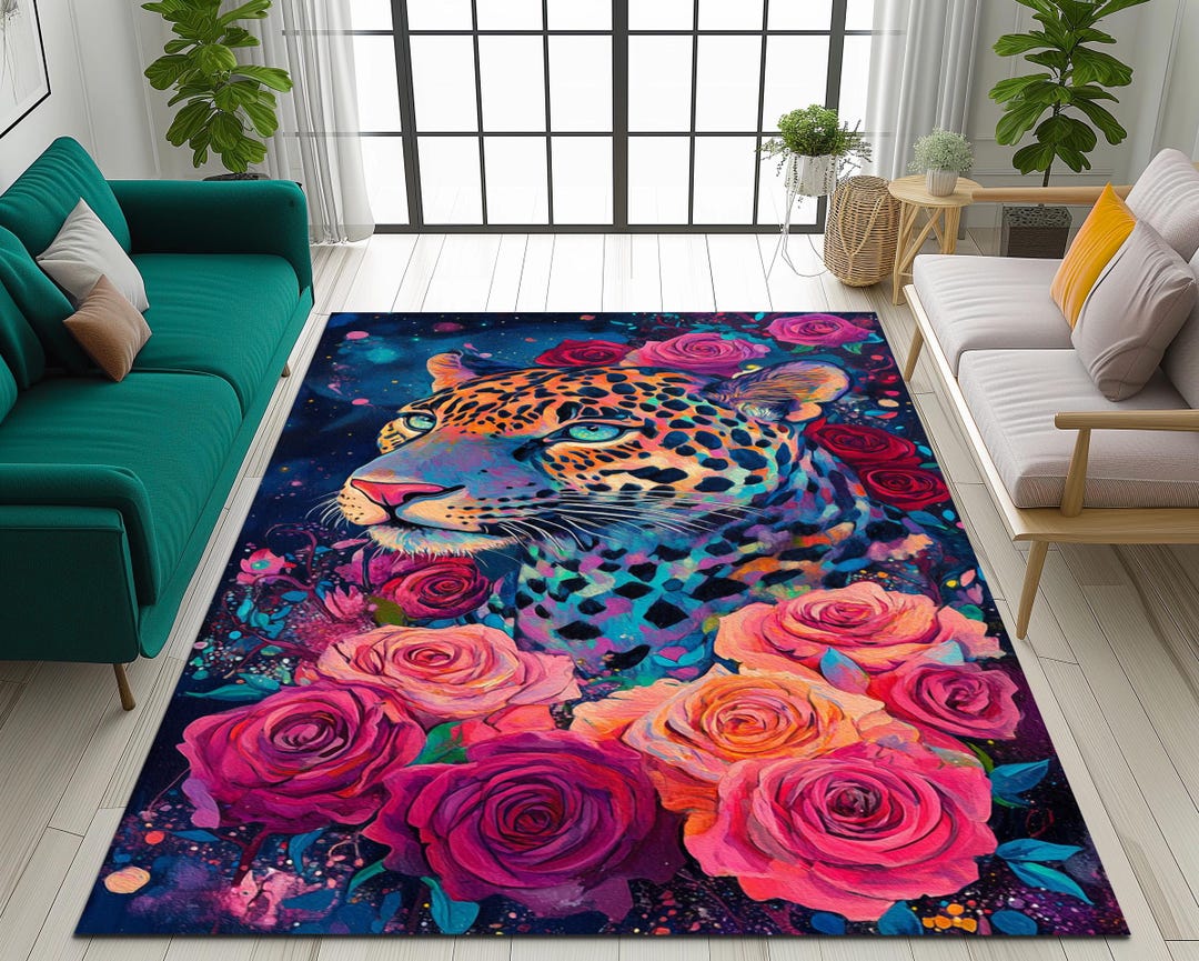 Rose Pattern Rug, Leopard Print Rug, Luxury Rug, Modern Home Decor ...