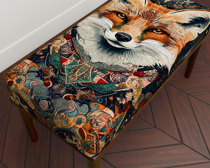 Fox Portrait Bench, Bohemian Animal Print Upholstered Ottoman Bench ...