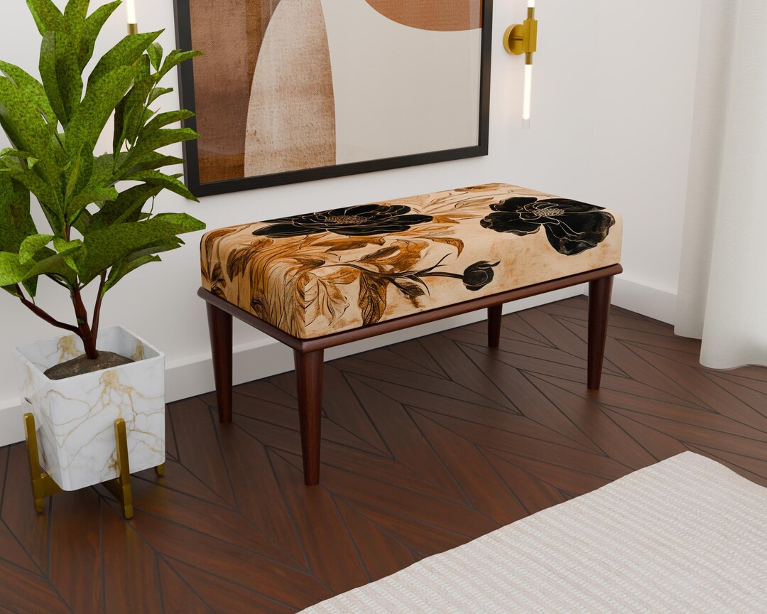 Earth Tone Bench, Stylish Ottoman Stool, Floral Design Upholstered ...