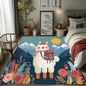 Llama Rug, Cute Animal Pattern Rug, View Pattern Rug, Minimalist Rug ...