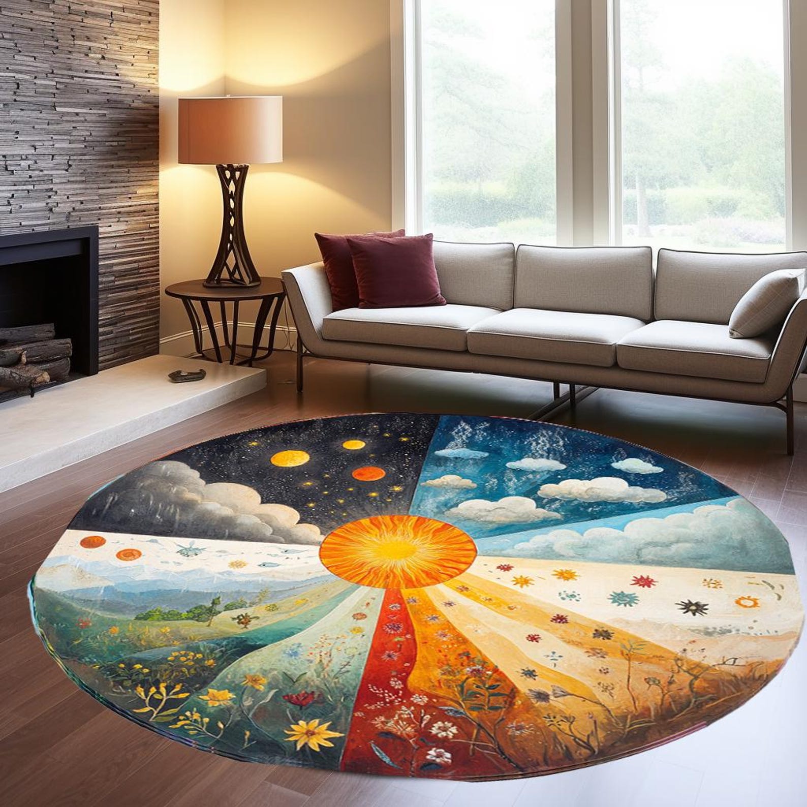 Nature View Rug, Amazing Design Rug, Sun Figured Rug, Modern Round Rug ...