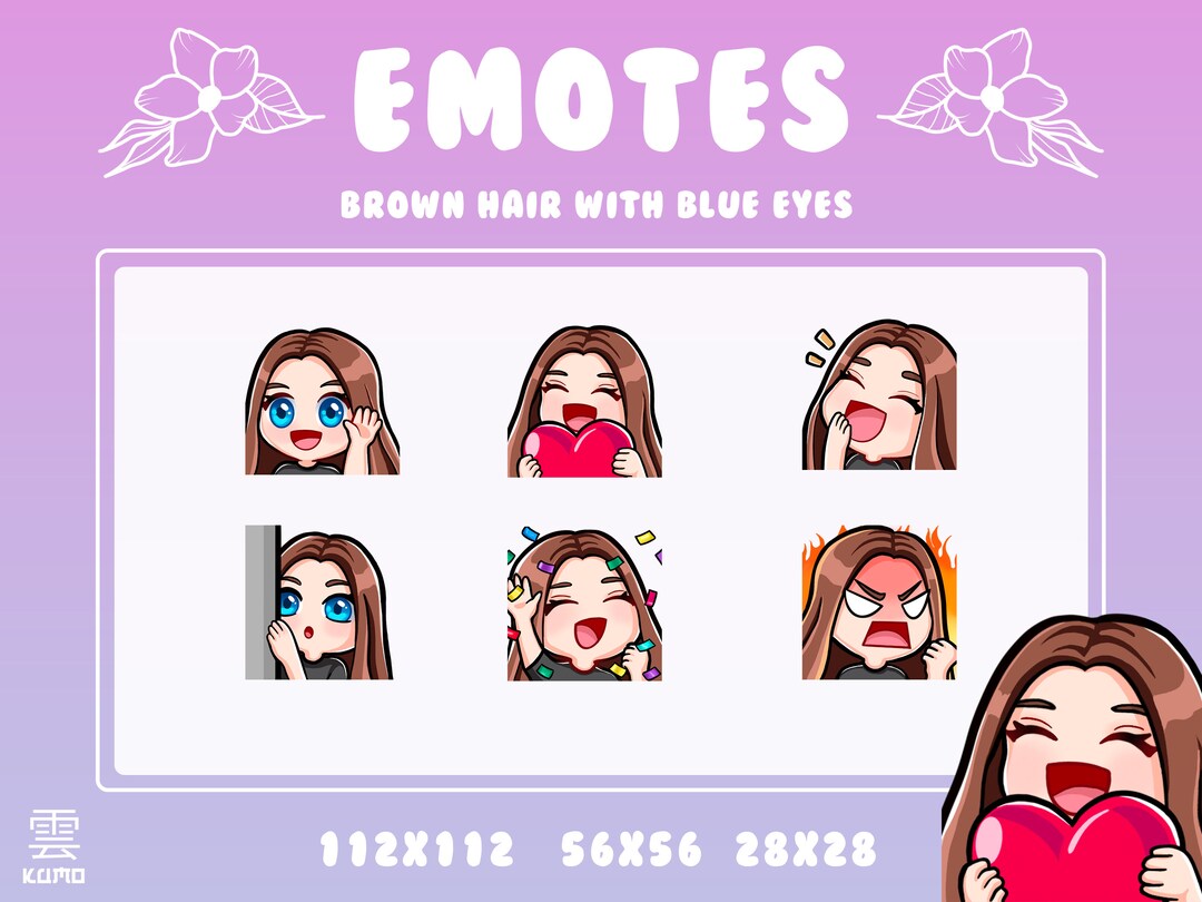 Twitch Emote Pack Brown Hair Blue Eyes Girl hi Love Lul Lurk - Etsy Canada