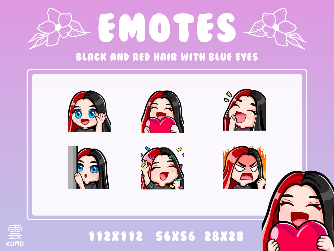 Twitch Emote Pack Black and Red Hair Blue Eyes Girl hi Love - Etsy